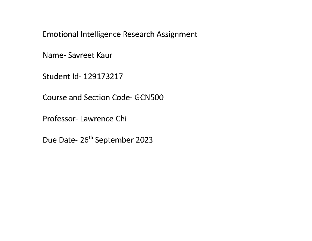 KAUR Savreet GCN500 NUU Assign 1 FALL2023 - Emotional Intelligence ...