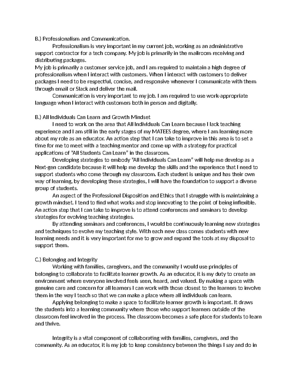 D168 - Task 4 Professional Disposition and Ethics - B.) Professionalism ...