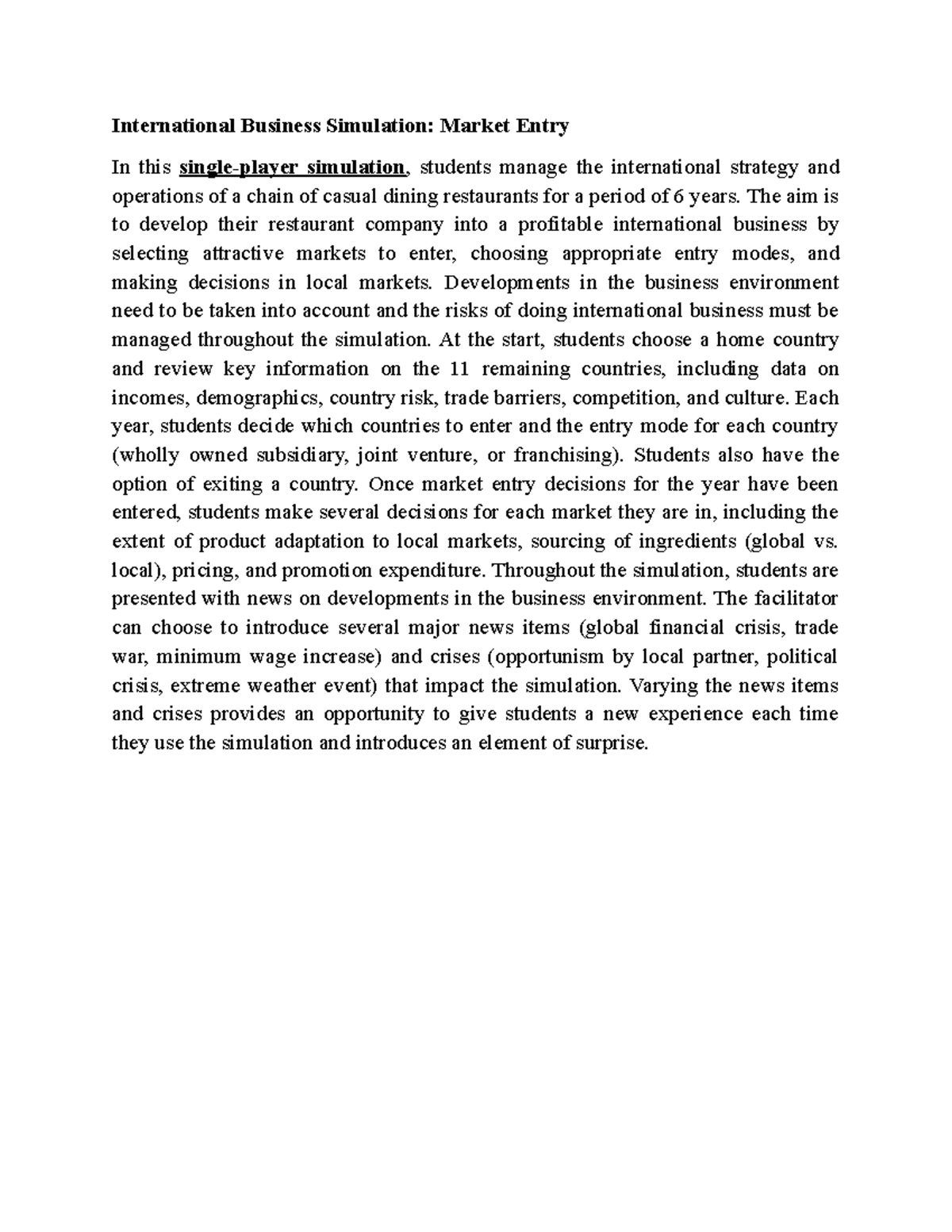 IB Simulation Case Details - International Business Simulation: Market ...
