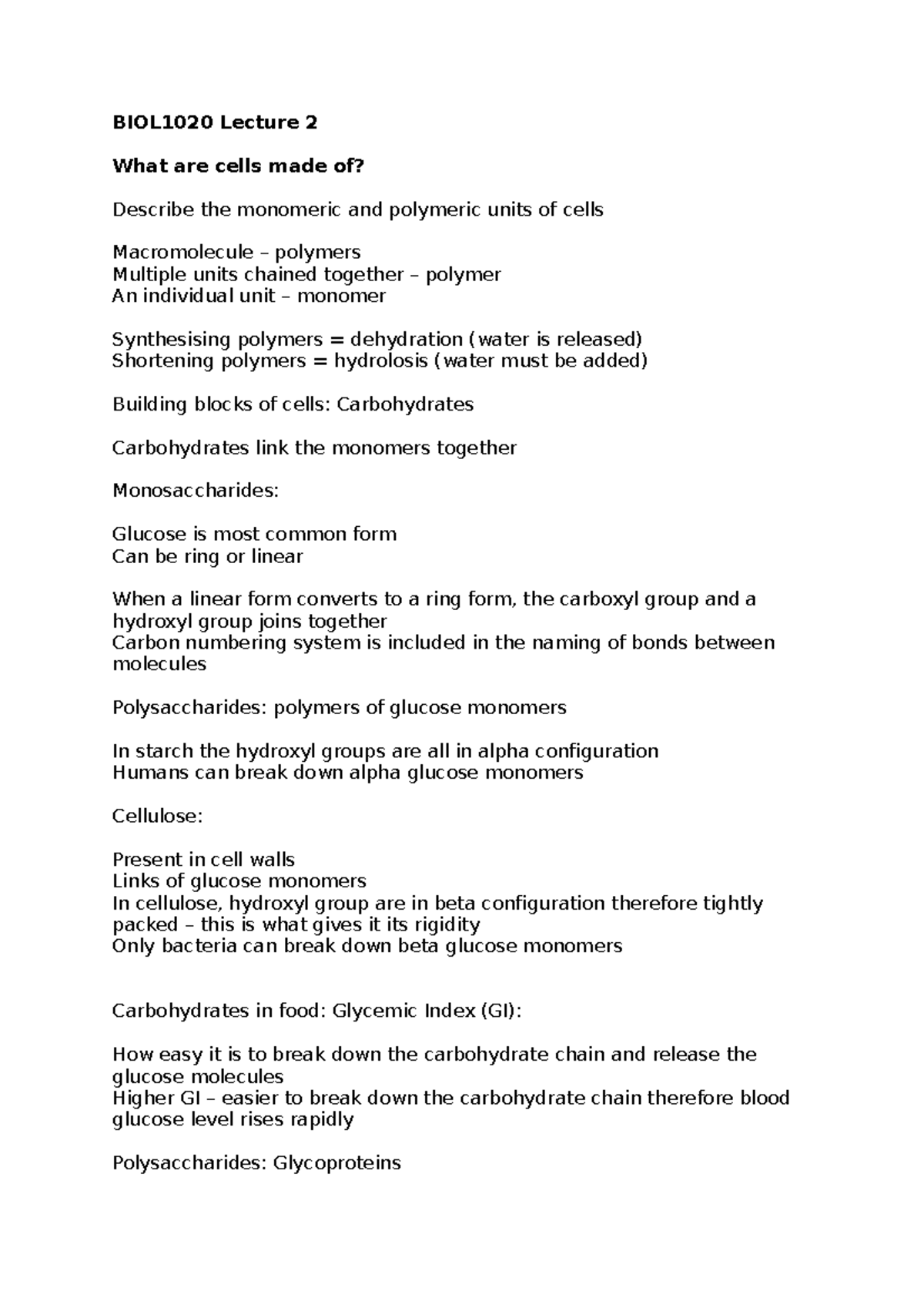 BIOL1020 Lecture 2 - Cells - BIOL1020 Lecture 2 What are cells made of? Describe the monomeric ...