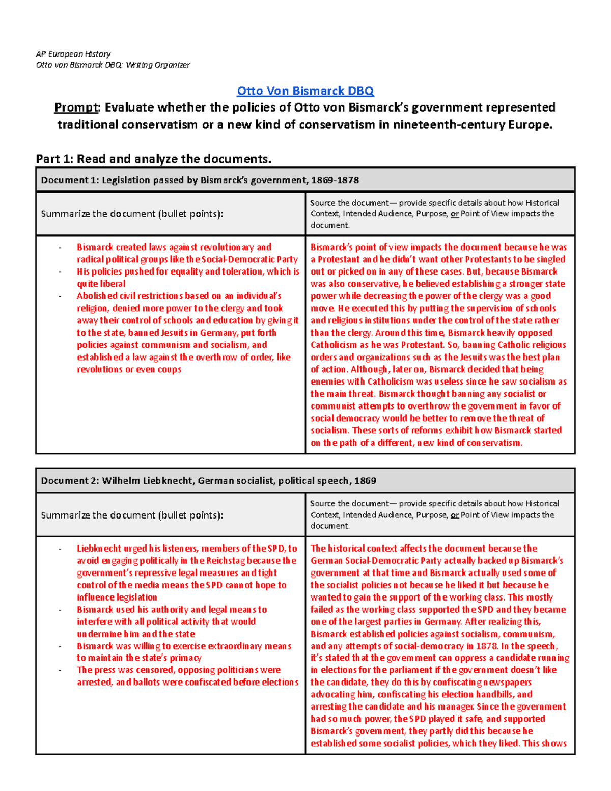 Otto Von Bismarck DBQ- Writing Organizer - AP European History Otto von ...