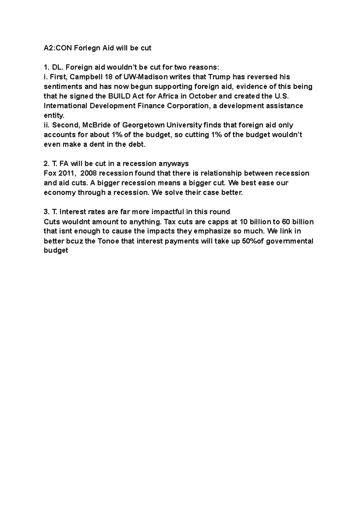 Foreign Aid - an example of a Public Forum debate block. - A2:CON ...