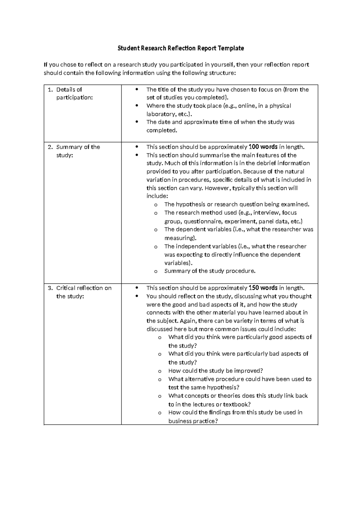 Student Reflection Report Template - Research Participation-1 - Student ...