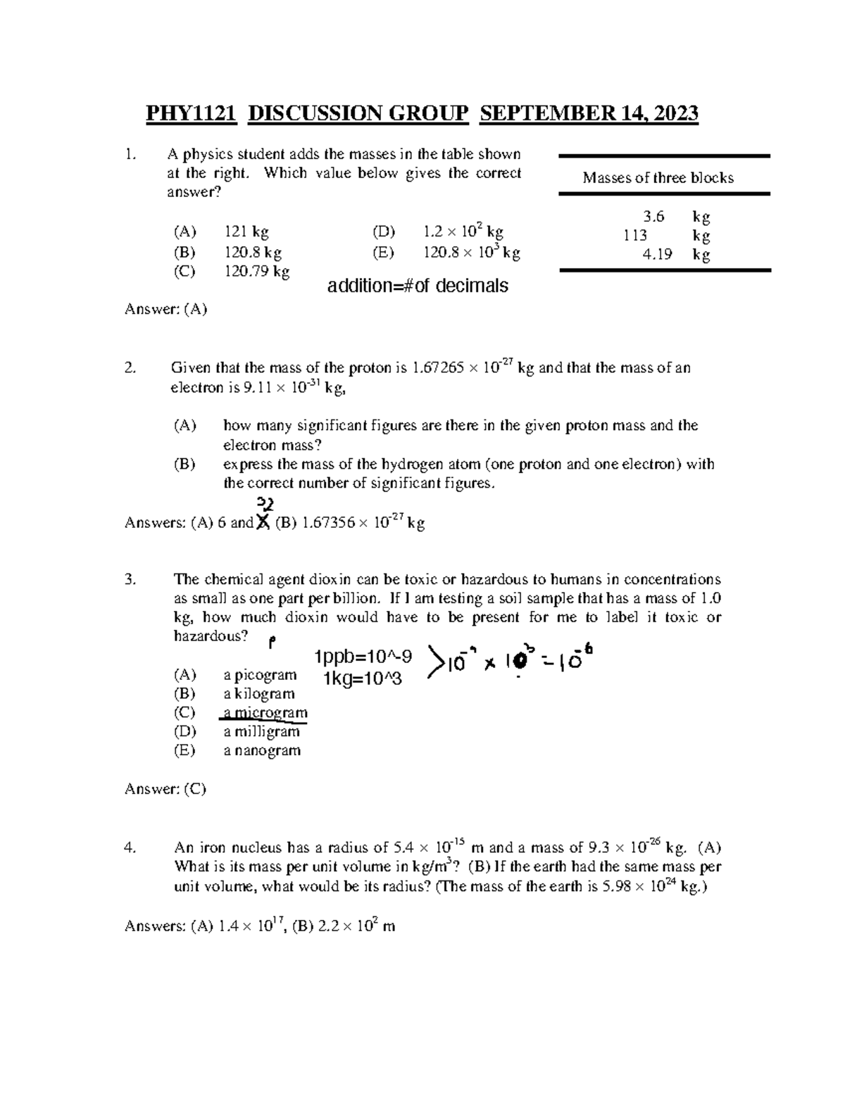 DG1-Sep. 14-2023 - discussion group problems - Masses of three blocks 3 kg 113 kg 4 kg PHY1121 ...