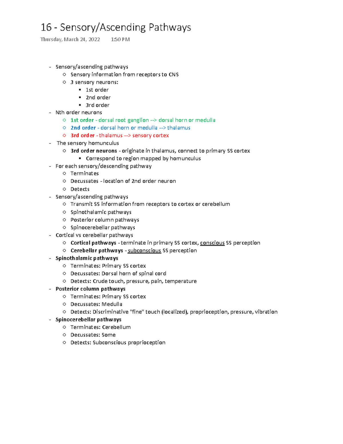 Sensory-Ascending Pathways - Sensory/ascending pathways Sensory information from receptors to ...