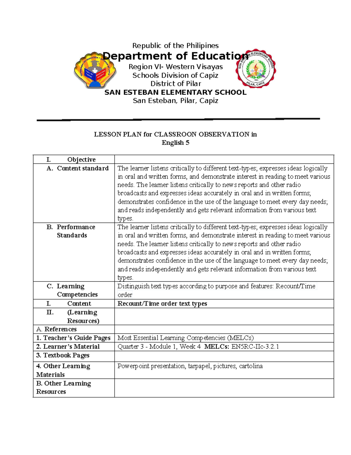 Lesson plan (week 4)(recount) - Republic of the Philipines Department ...