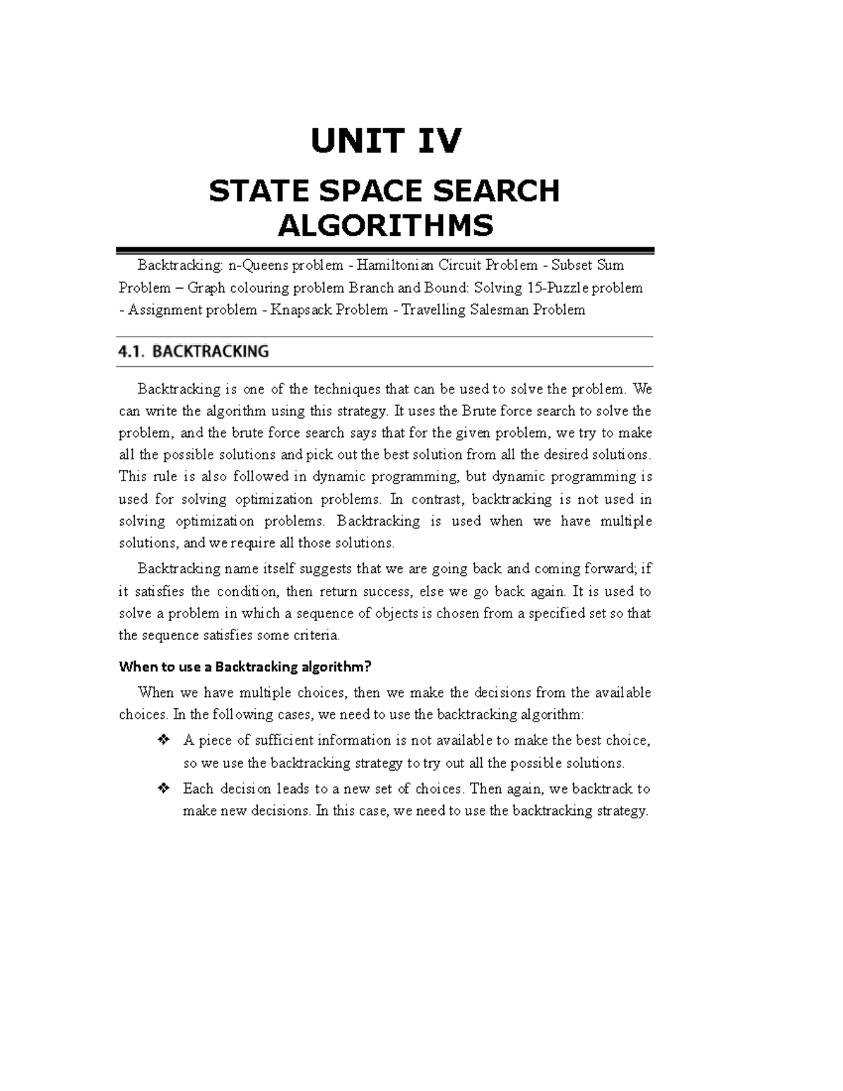 Unit Iv Unit Iv State Space Search Algorithms Backtracking N Queens Problem Hamiltonian