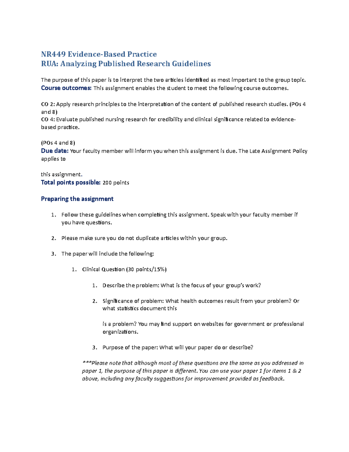 Guideline - guidline - NR449 Evidence-Based Practice RUA: Analyzing Published Research ...