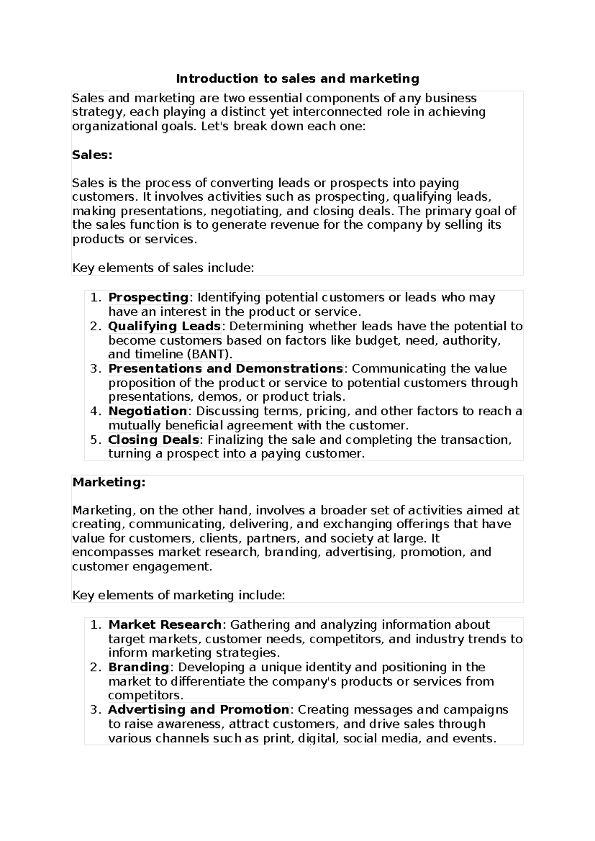 Introduction - Notes - Introduction to sales and marketing Sales and ...