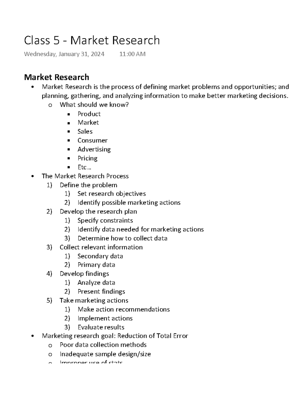 Class 5 - Market Research - Market Research Market Research is the ...