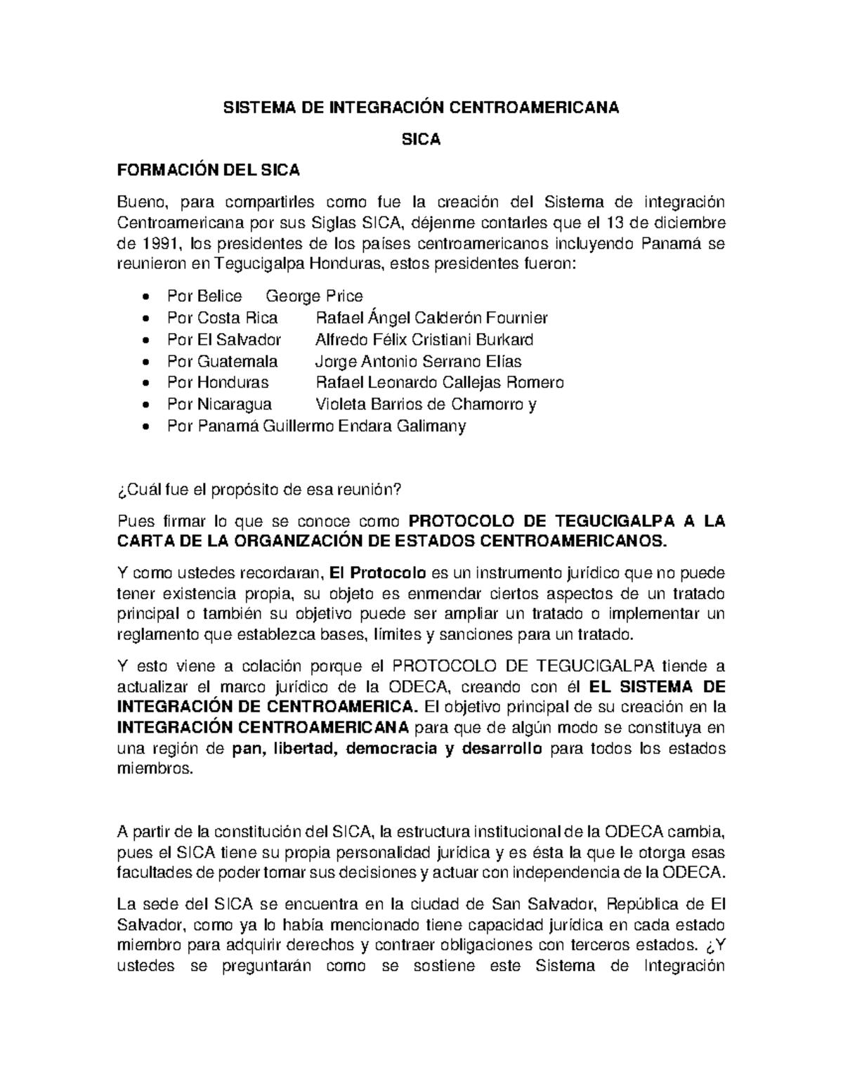 Sistema DE Integración Centroamericana - SISTEMA DE INTEGRACIÓN CENTROAMERICANA SICA FORMACIÓN ...