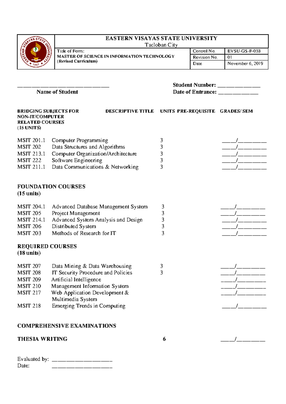38 GS MSIT Revised Curriculum - EASTERN VISAYAS STATE UNIVERSITY Tacloban City Title of Form ...