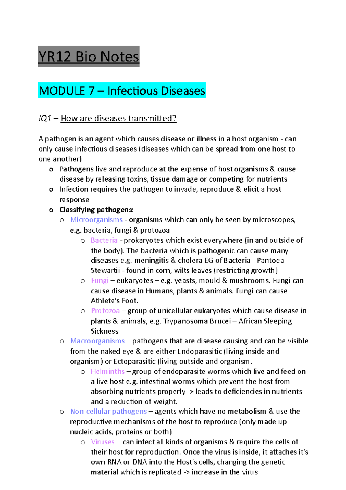 YR12 Bio Notes - YR12 Bio Notes MODULE 7 – Infectious Diseases IQ1 ...