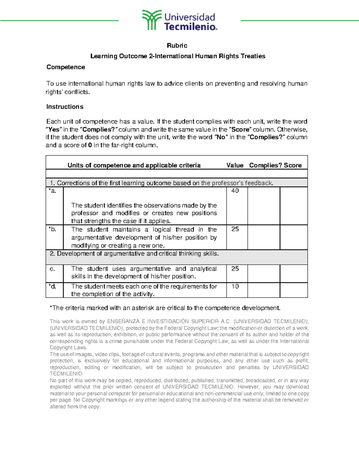 Learning Outcome 2 - instrucciones - Rubric Learning Outcome 2 ...