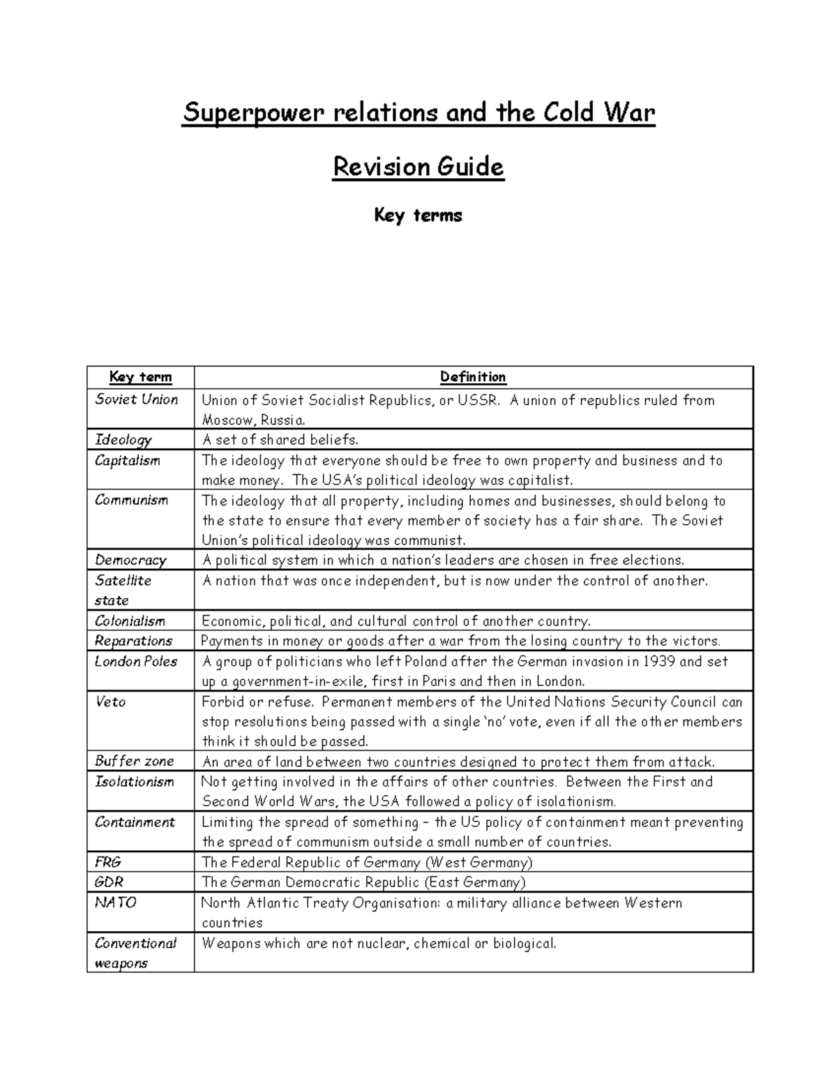 Year 10 History Revision Booklet - Superpower relations and the Cold ...