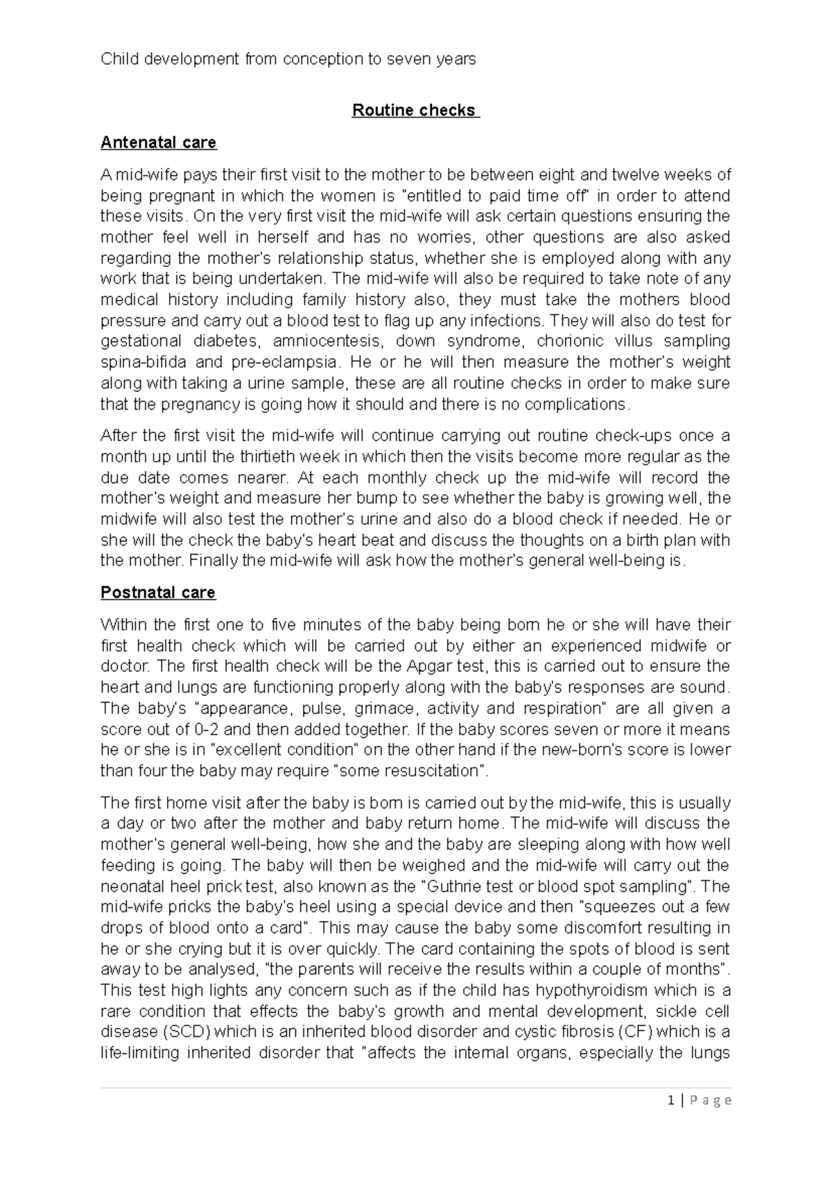 Child development from conception to seven years - Routine checks ...