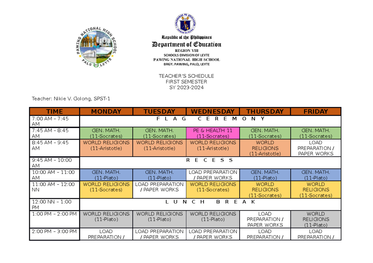 Teacher's Schedule - TEACHER’S SCHEDULE FIRST SEMESTER SY 2023- Teacher ...