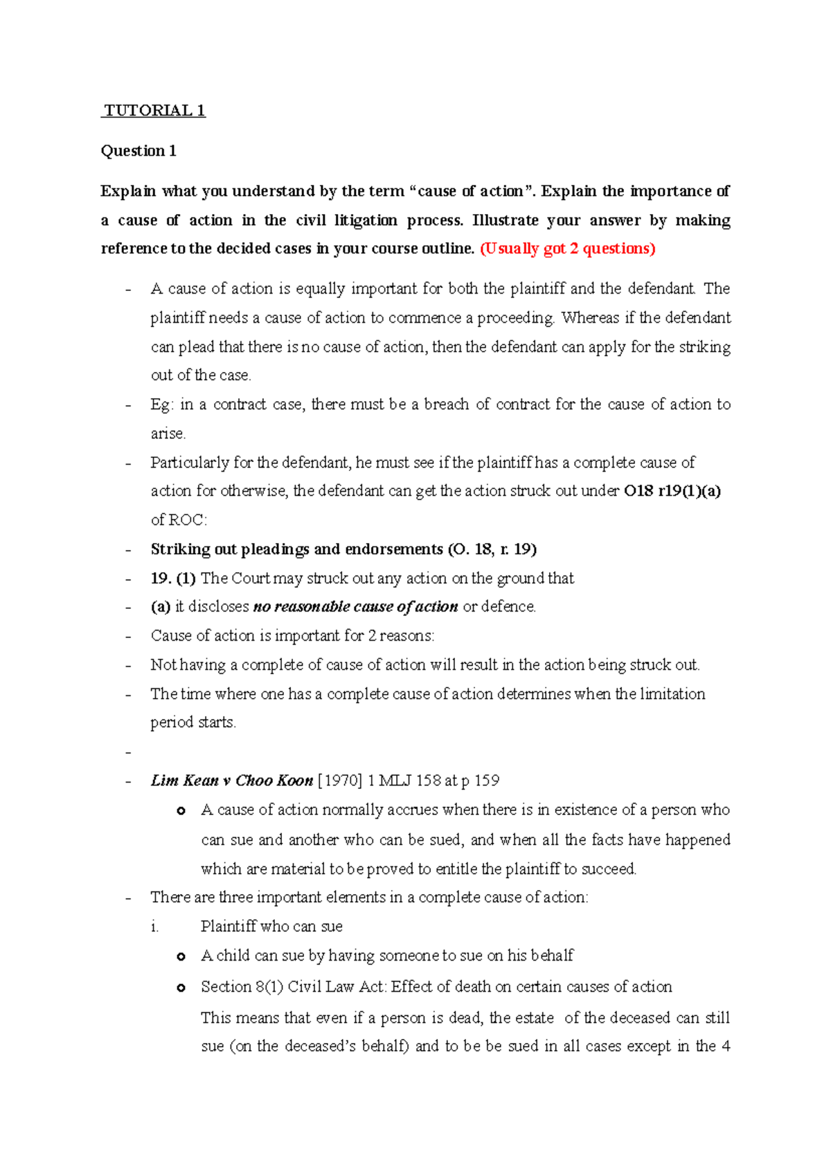 Tutorial 1 Ans Civil Procedure Tutorial 1 Question 1 Explain What You Understand By The Term