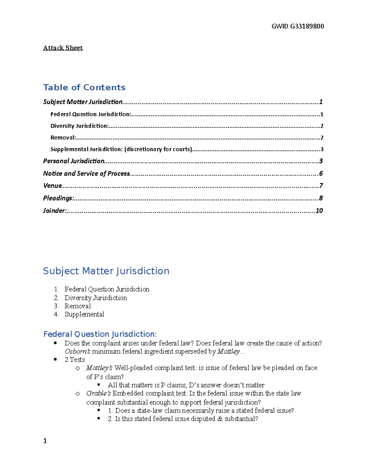 Civil Procedure Mid-Term Attack Sheet - Attack Sheet Table of Contents ...