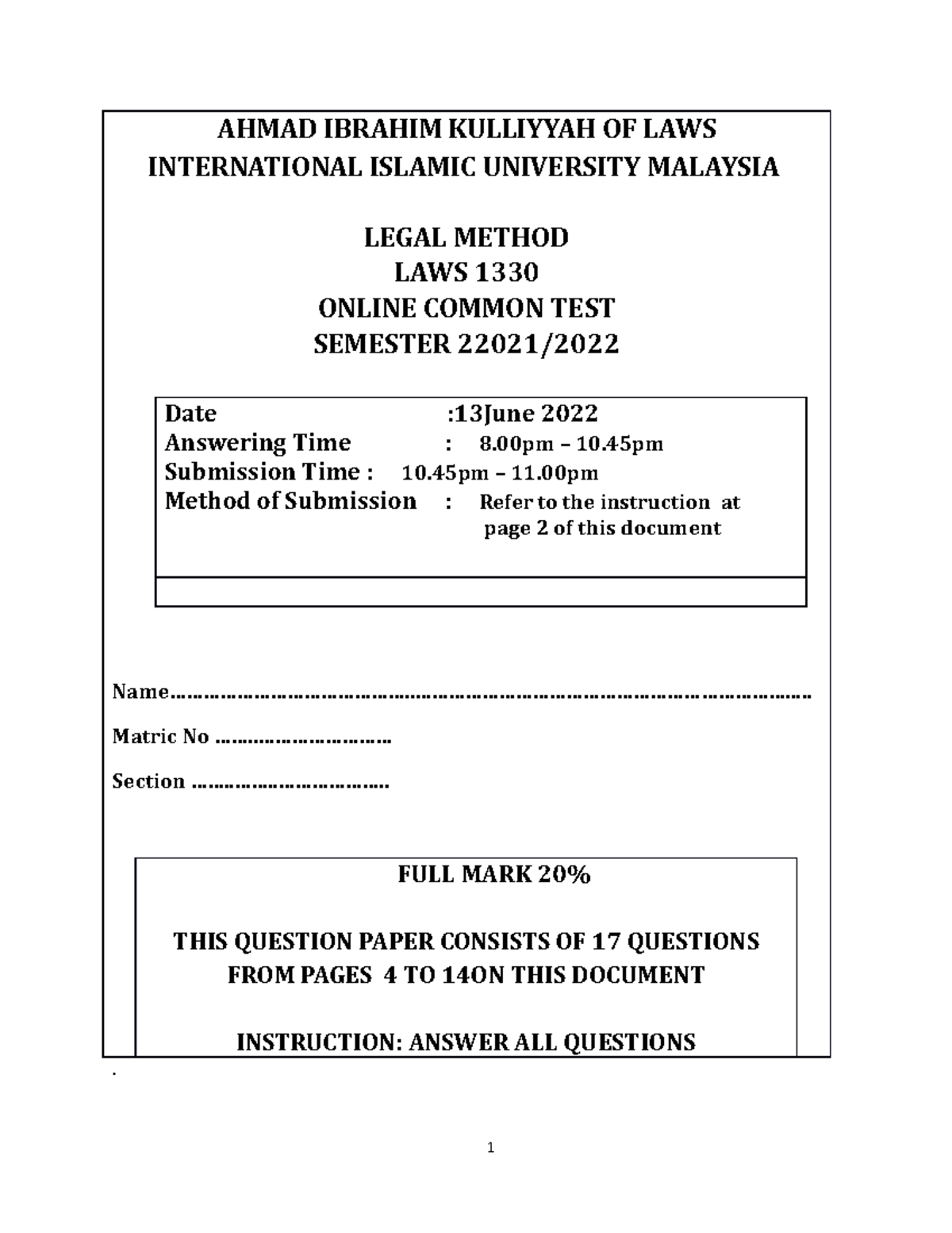 Common Test - S.6 - Copy - legal method test - AHMAD IBRAHIM KULLIYYAH ...