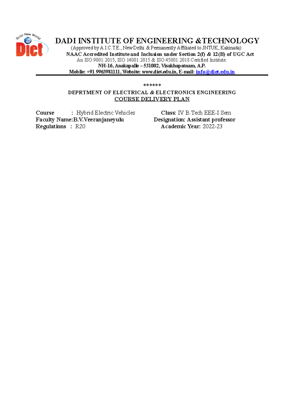 HEV 2021-22 lesson plan - DADI INSTITUTE OF ENGINEERING &TECHNOLOGY ...