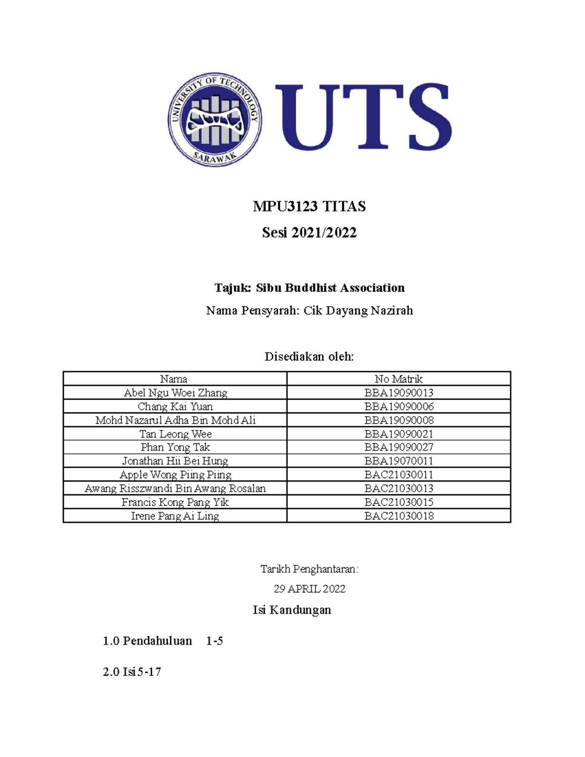 Titas Kumpulan 6 - Tutorial - MPU3123 TITAS Sesi 2021/ Tajuk: Sibu Buddhist Association Nama ...