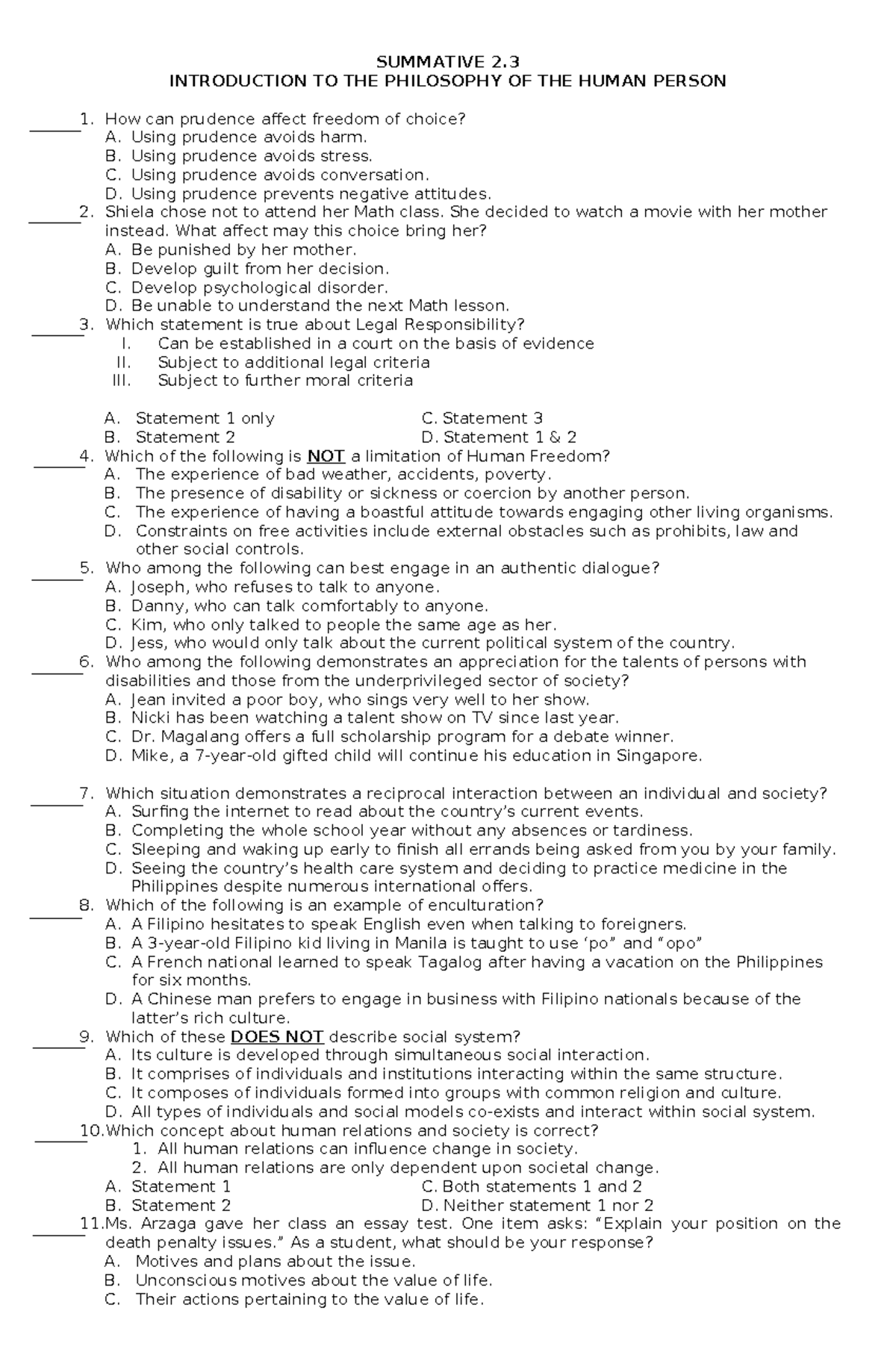 SummativeTest 3rd quarter- Philo - SUMMATIVE 2. INTRODUCTION TO THE ...