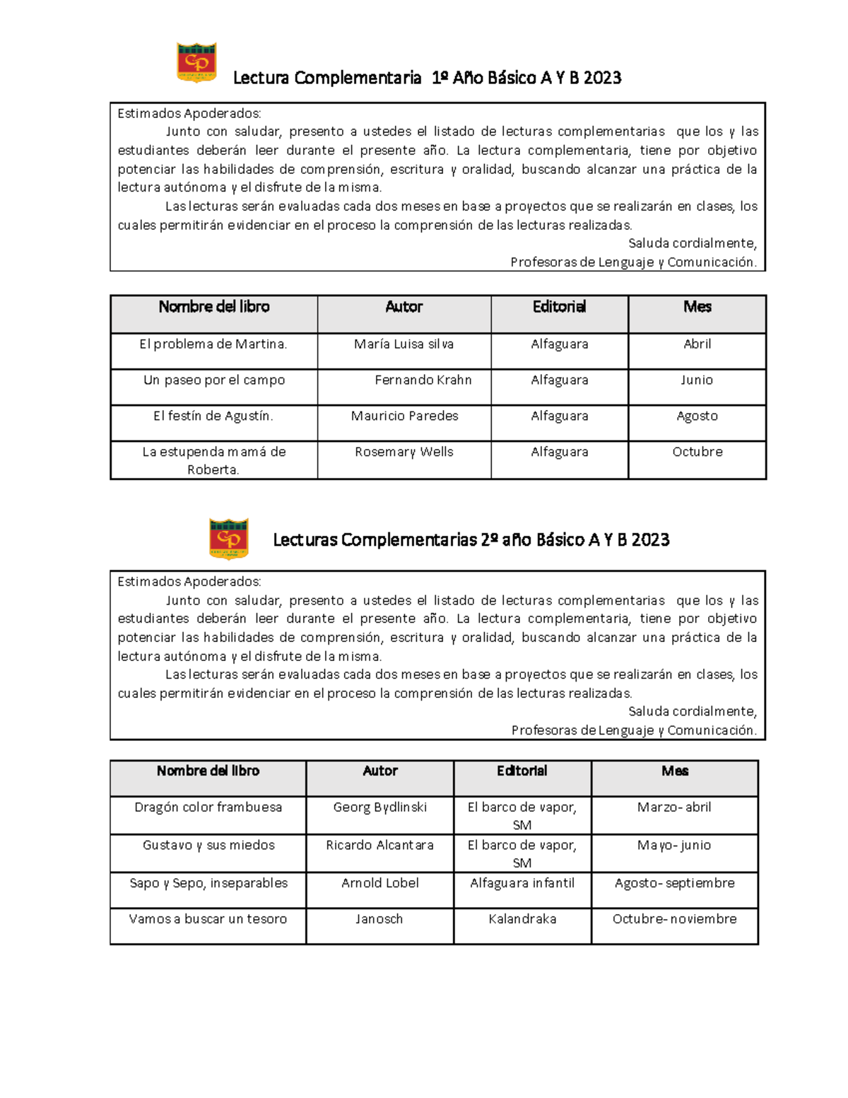 Lecturas Complementarias 1° a 8° Basico 2023 - Lectura Complementaria 1º Año Básico A Y B 2023 ...