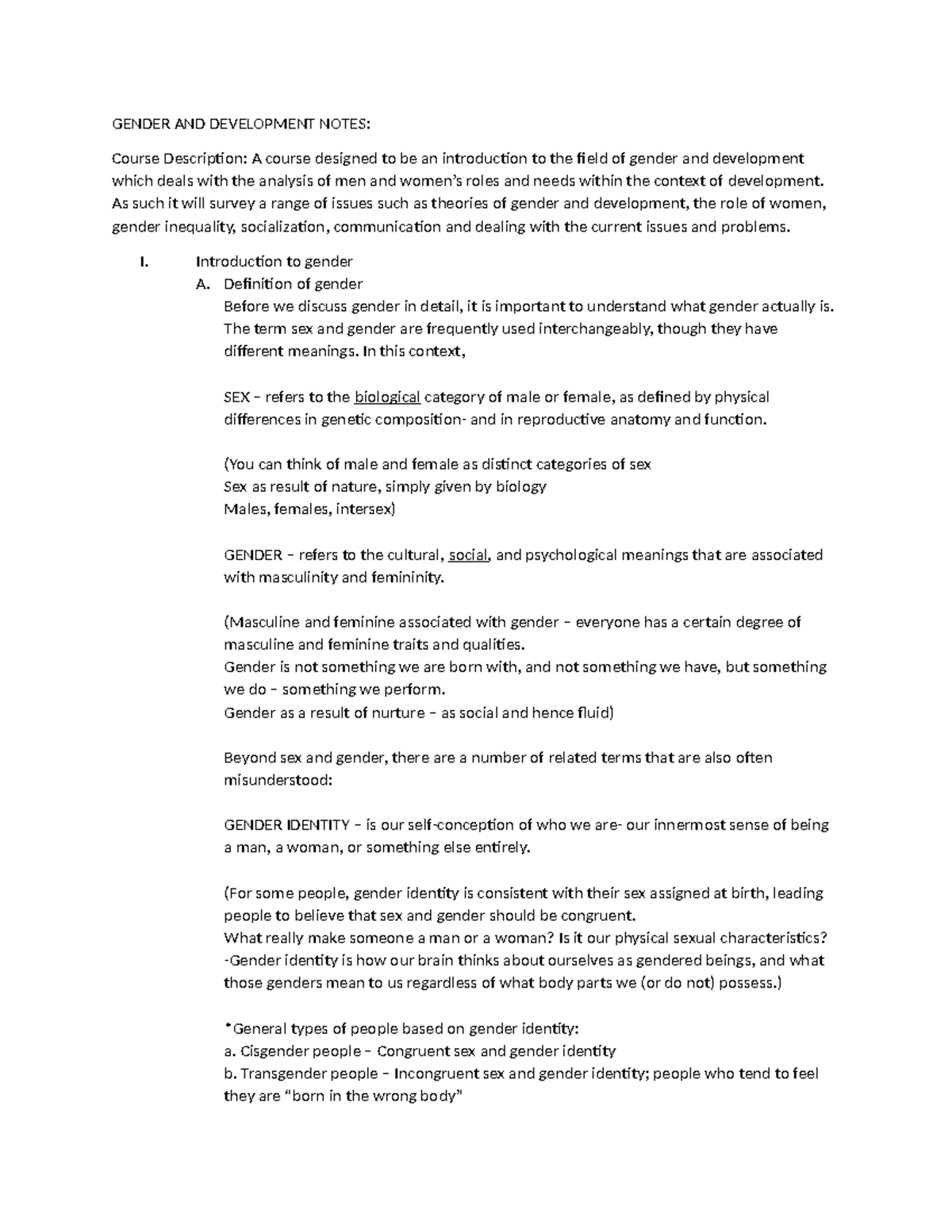 Gender AND Development Notes - GENDER AND DEVELOPMENT NOTES: Course ...