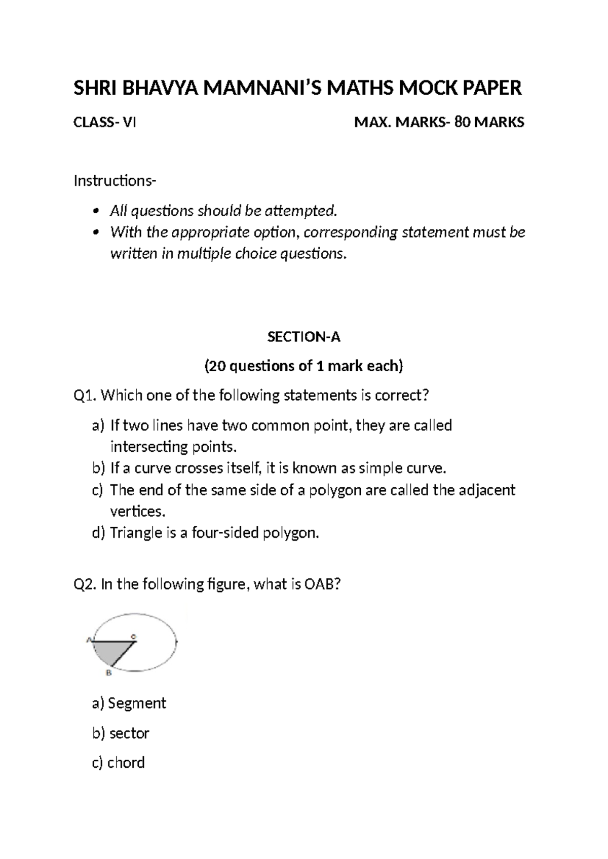 Maths MOCK-1 BM - SHRI BHAVYA MAMNANI’S MATHS MOCK PAPER CLASS- VI MAX. MARKS- 80 MARKS - Studocu
