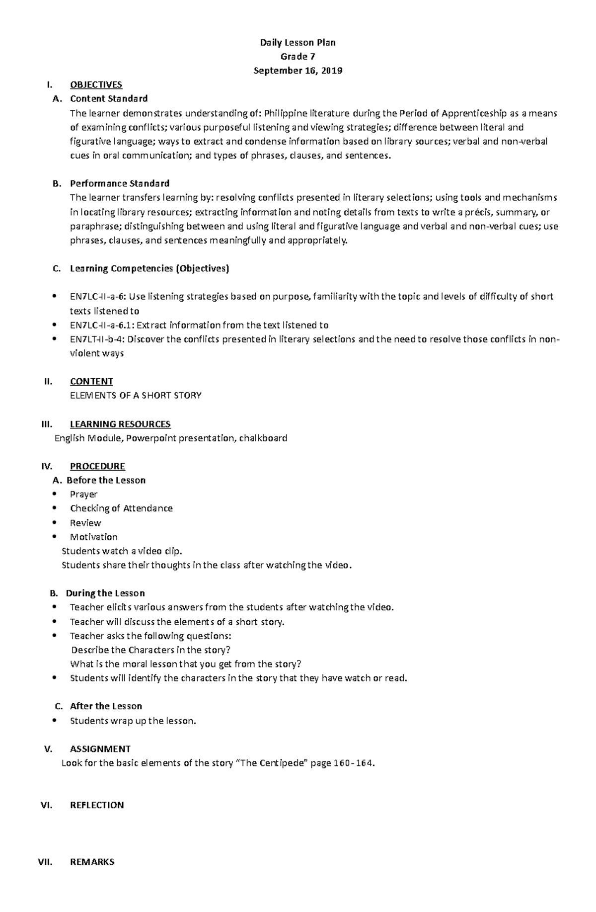 Daily Lesson Plan - September 16, 2019 - Daily Lesson Plan Grade 7 ...