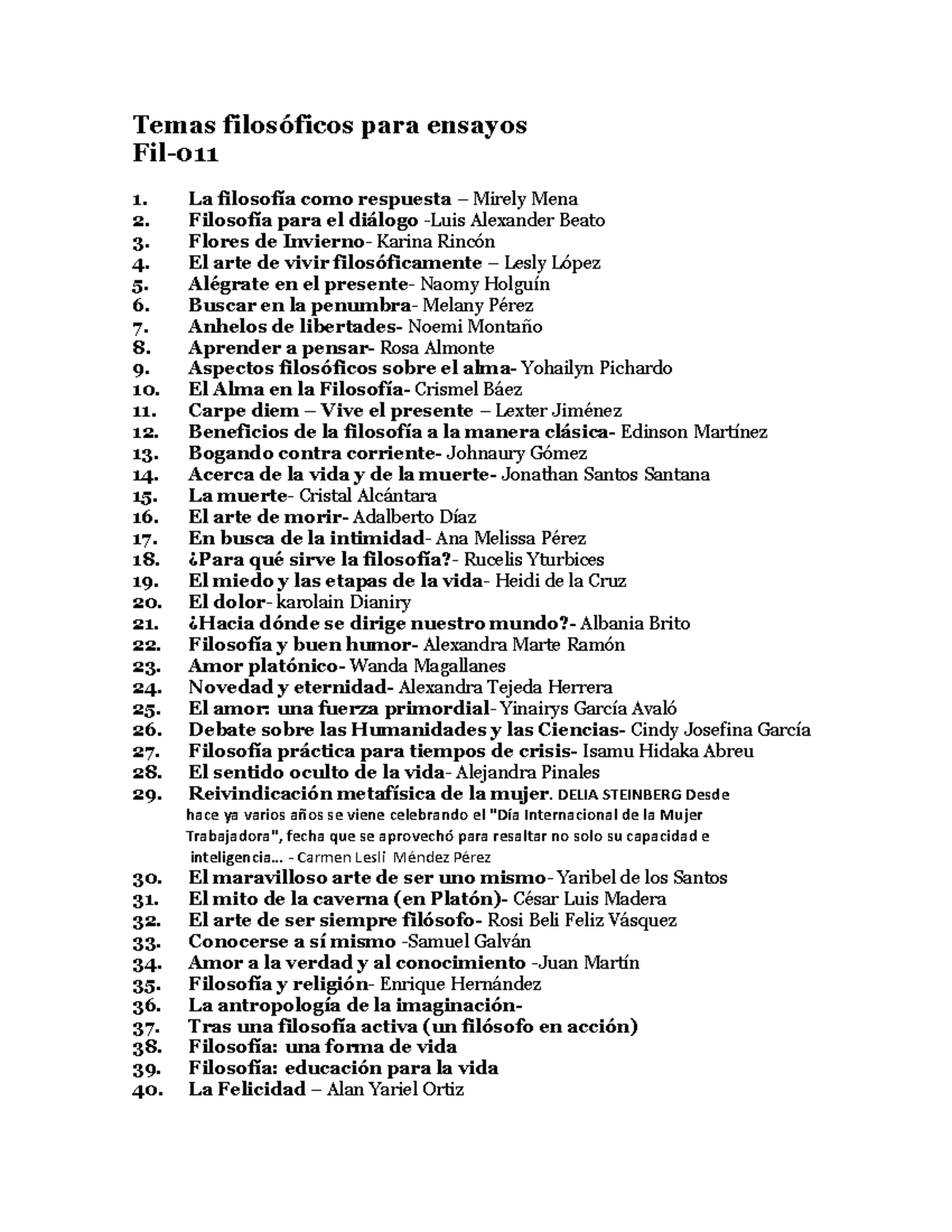 Introducción a la Filslofia -Temas filosóficos para ensayos Semestre ...