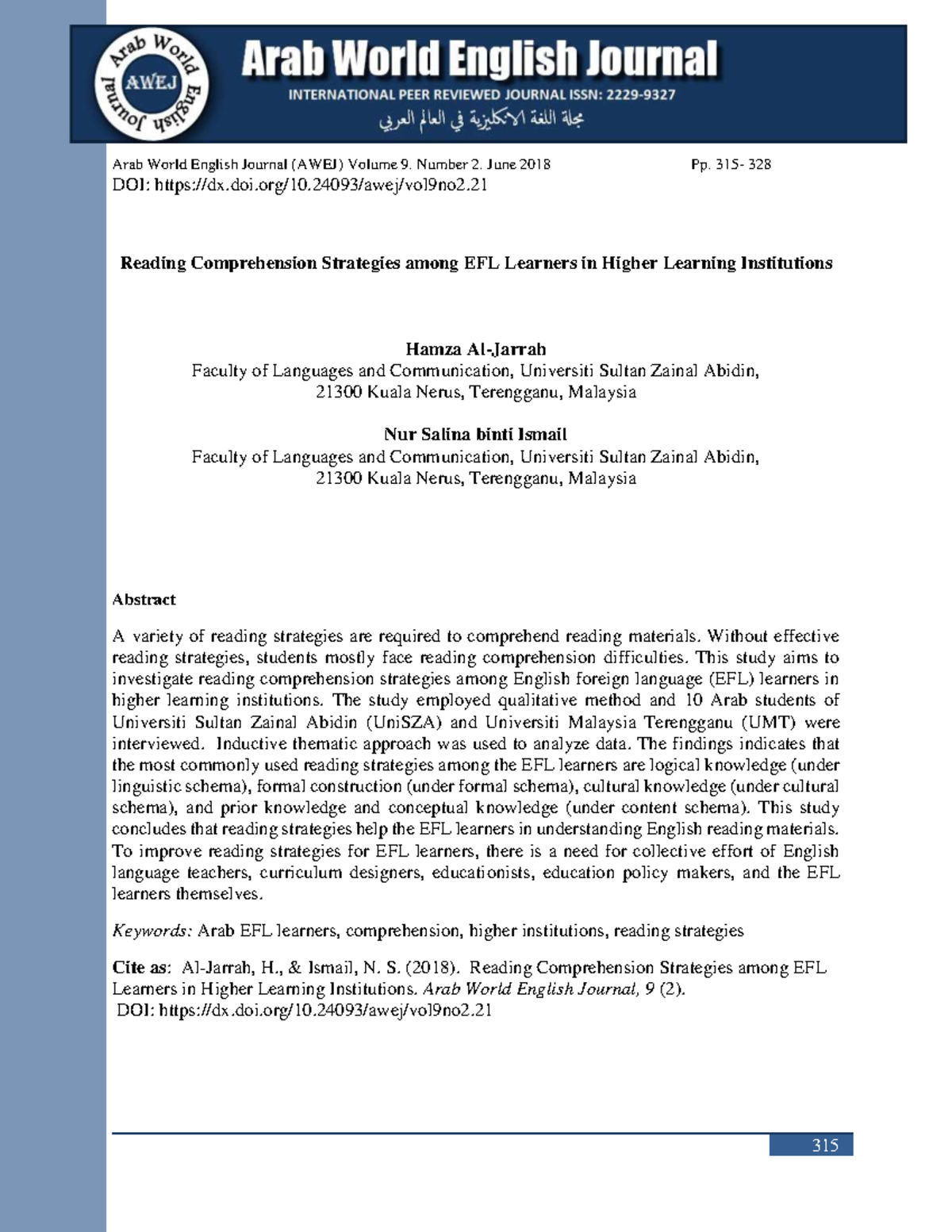 21 reading strategies - 315 Arab World English Journal (AWEJ) Volume 9 ...