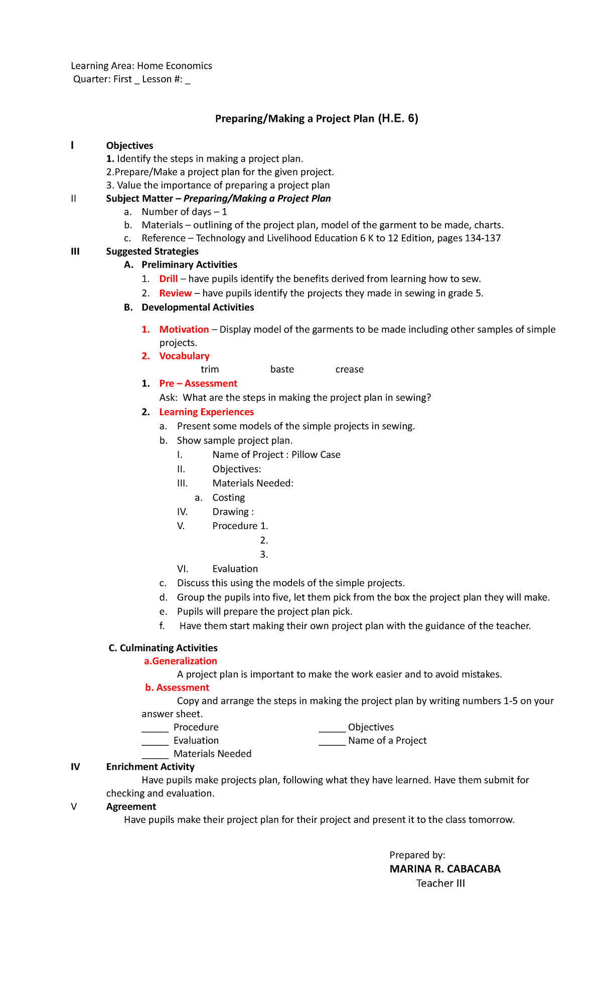 QA Project Plan Making TLE 6 - Learning Area: Home Economics Quarter ...
