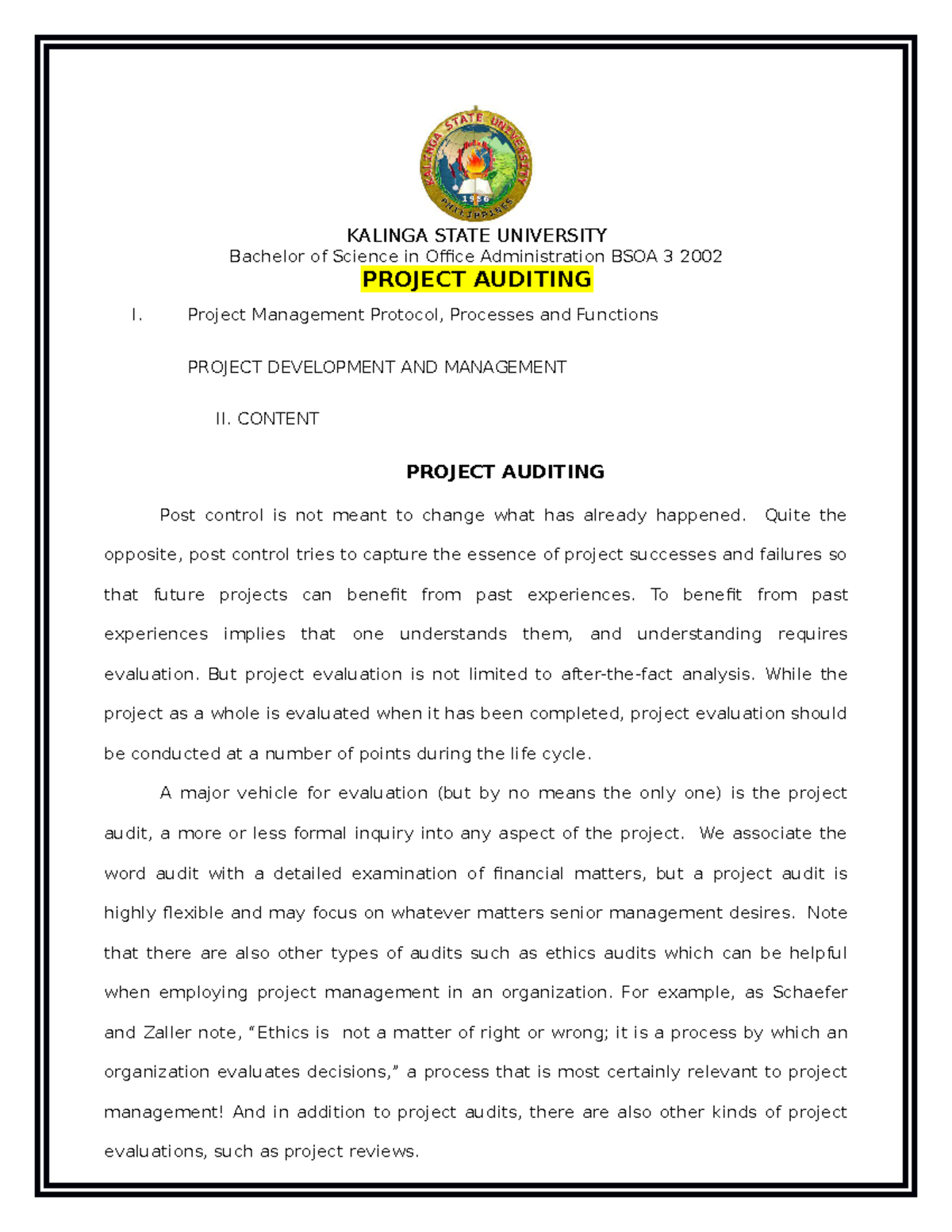 Project Auditing Project Development AND Management - KALINGA STATE ...