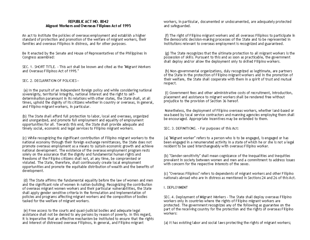 RA 8042 - Labor Law - REPUBLIC ACT NO. 8042 Migrant Workers and ...