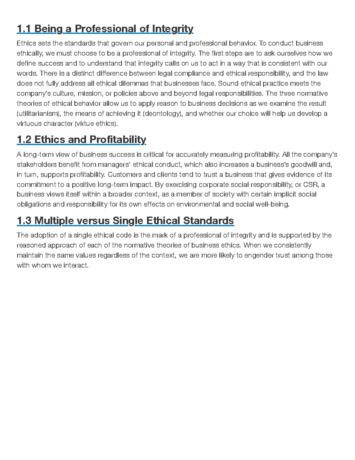 CH1 - CH1 - 1 Being a Professional of Integrity Ethics sets the ...