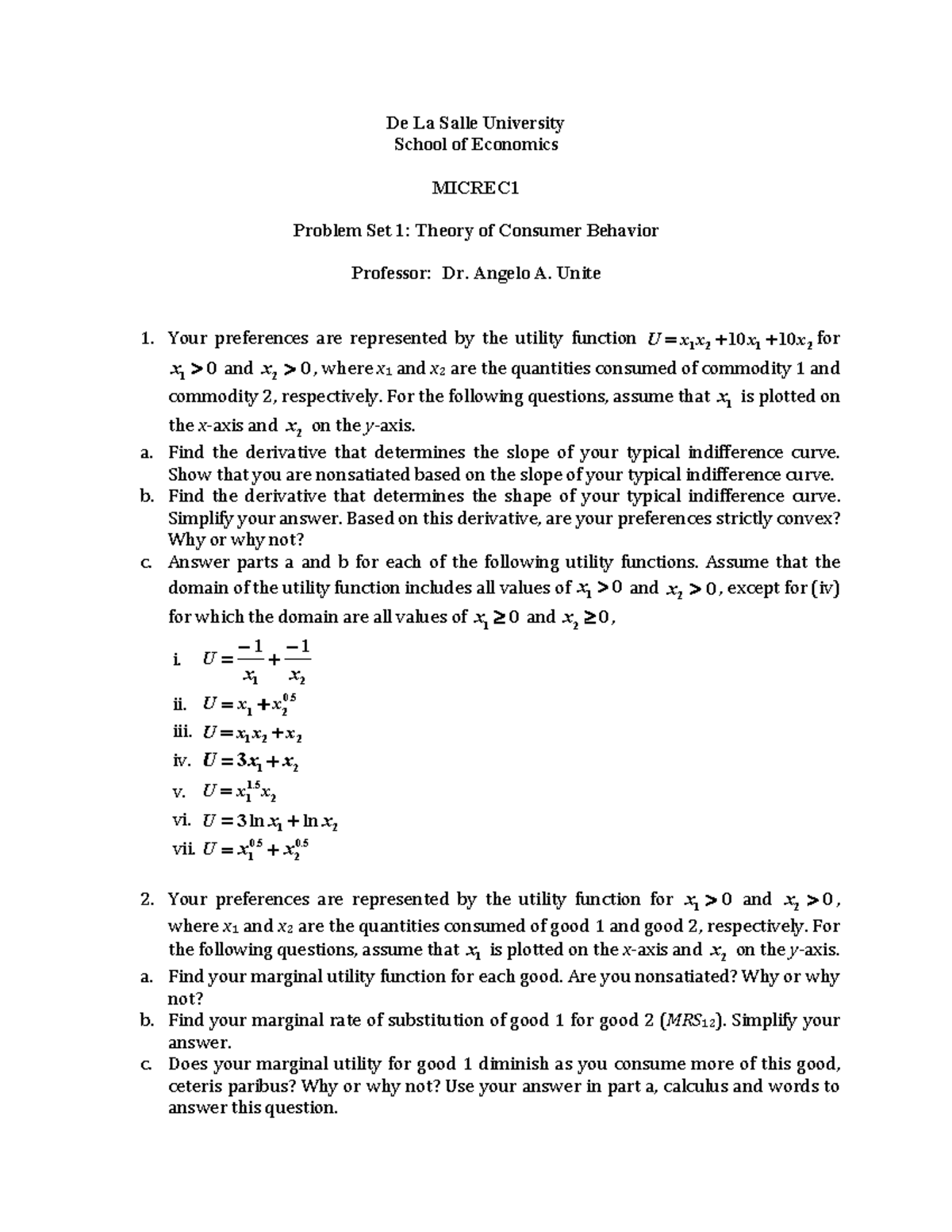 Micrec 1 Problem Set 1 Consumer Theory - De La Salle University School of Economics MICREC ...