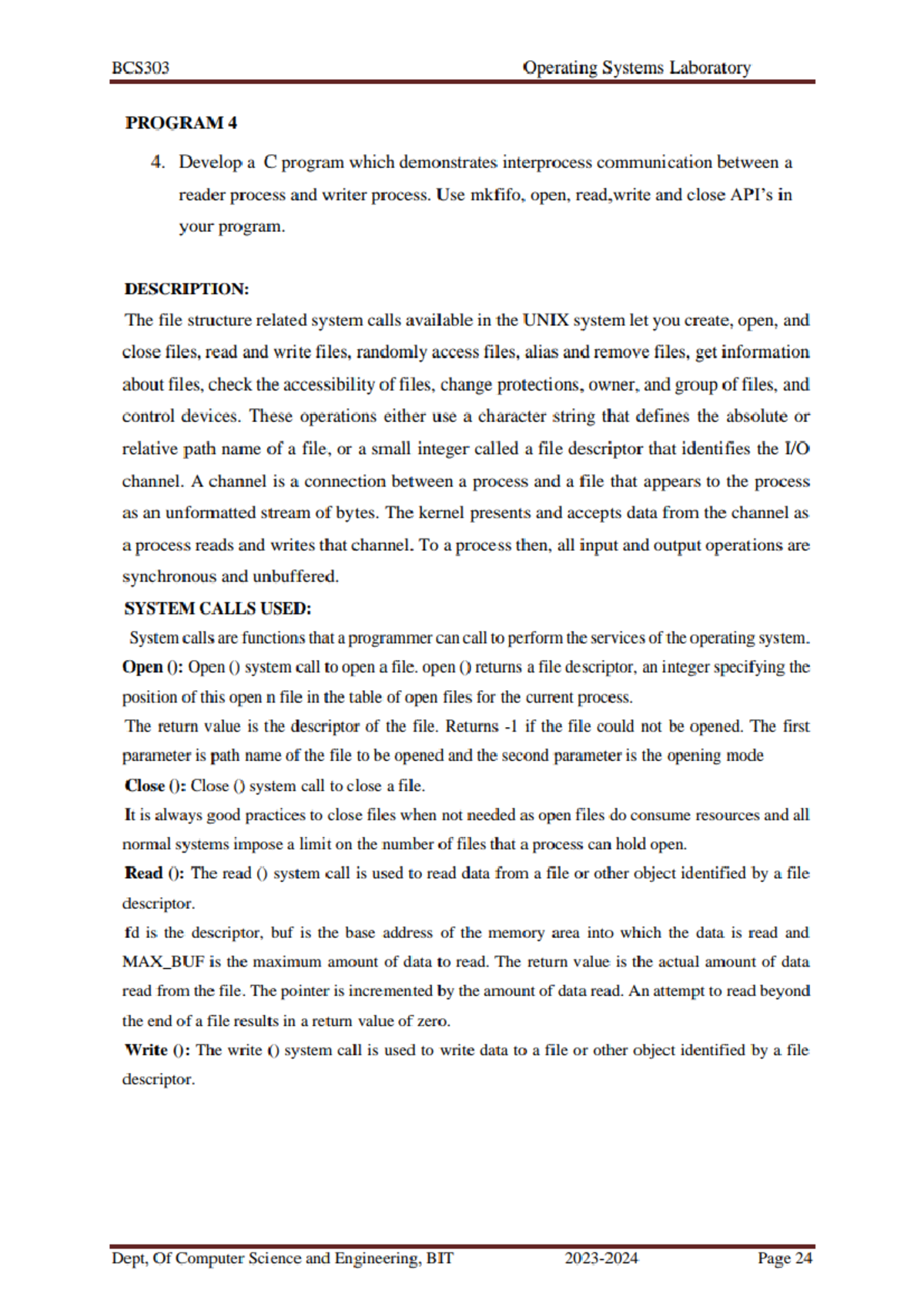 OS lab5 - BCS303 Operating Systems Laboratory PROGRAM 4 4. Develop a C ...