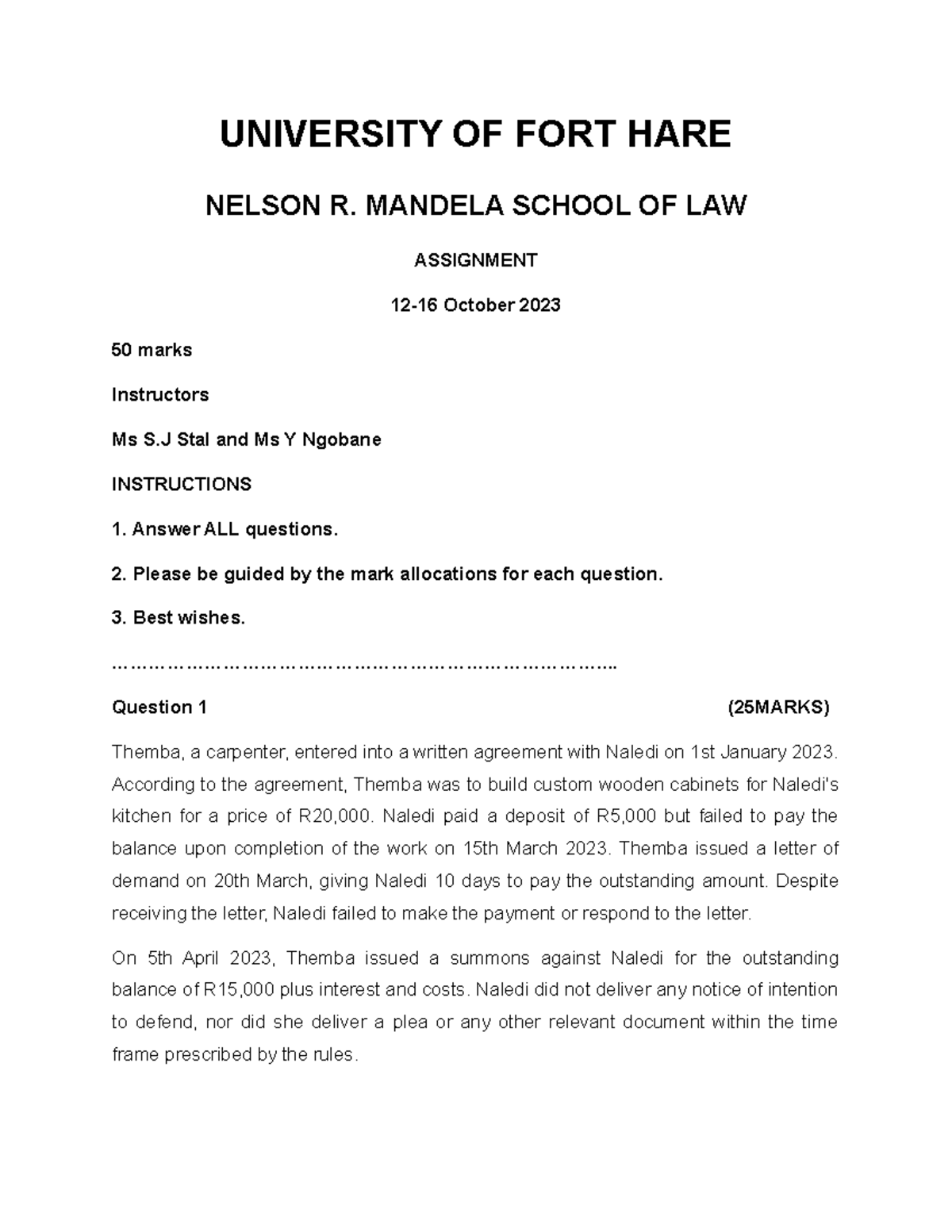 Ammended Civil Procedure Assignment - UNIVERSITY OF FORT HARE NELSON R ...