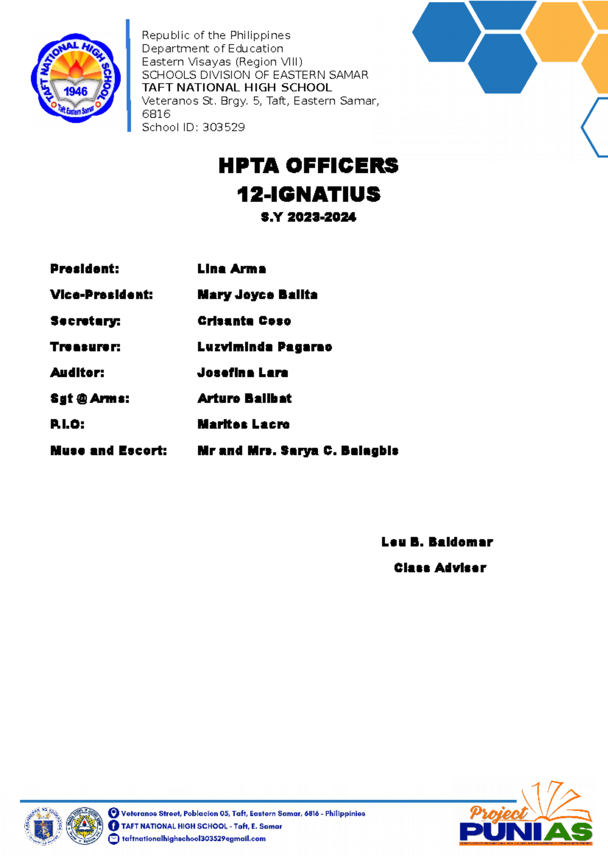 QUIZ 2 - qUIZ - HPTA OFFICERS 12-IGNATIUS S 2023- President: Lina Arma ...