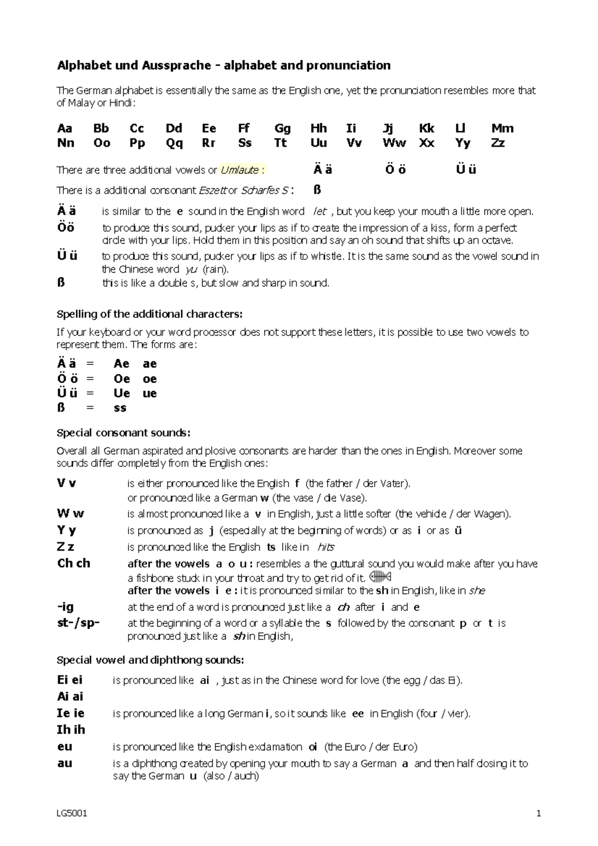 LG5001 Grammar Notes - Summary guide - Alphabet und Aussprache ...