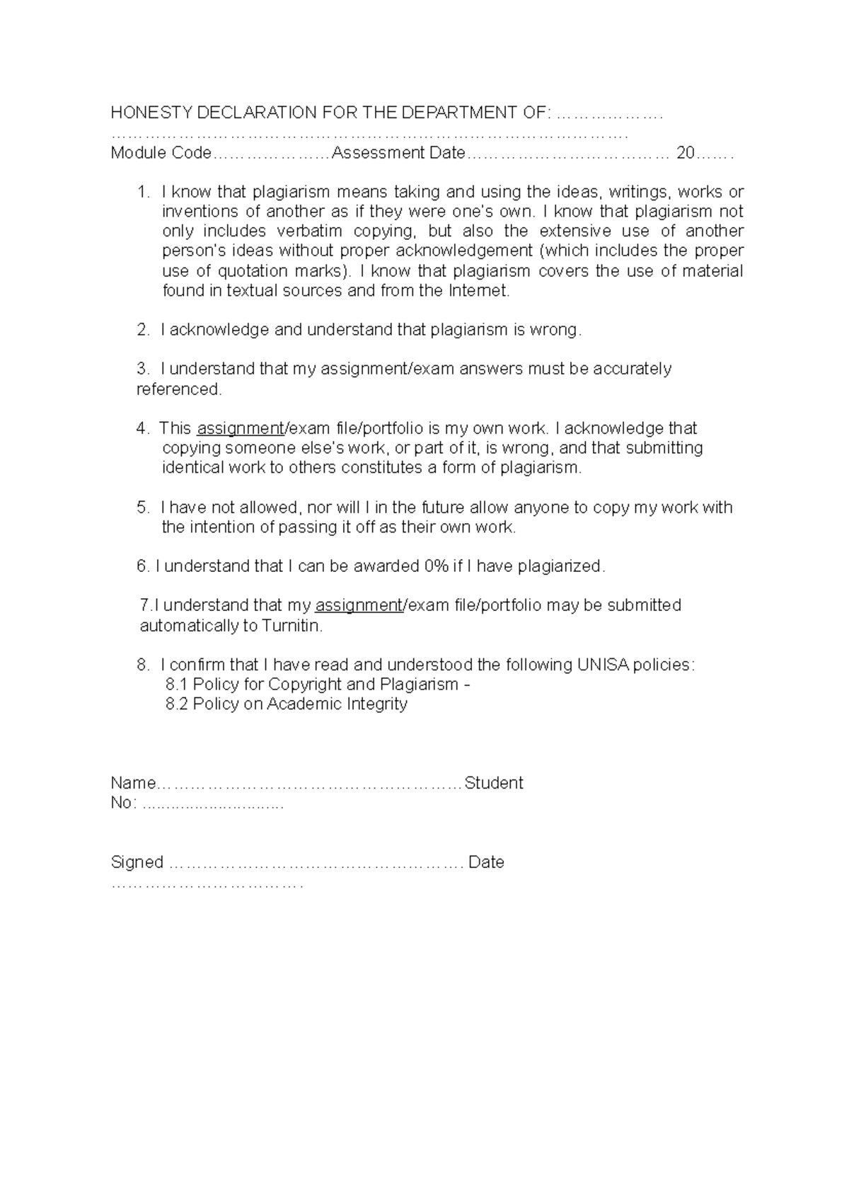 Honesty Declaration FOR THE Department OF - HONESTY DECLARATION FOR THE ...