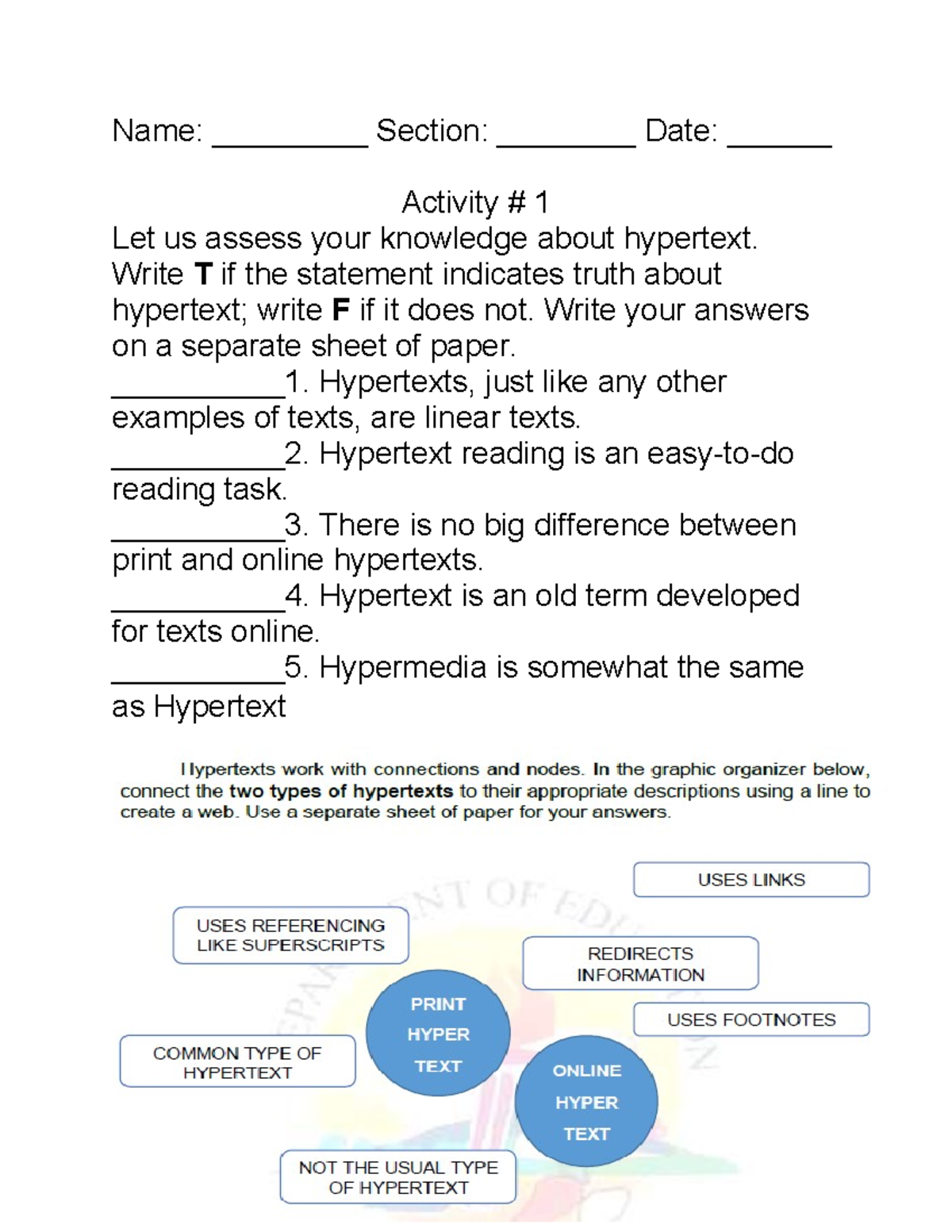 Activity 1 reading and writing 2nd Sem - Name: _________ Section: ________ Date: ______ Activity ...