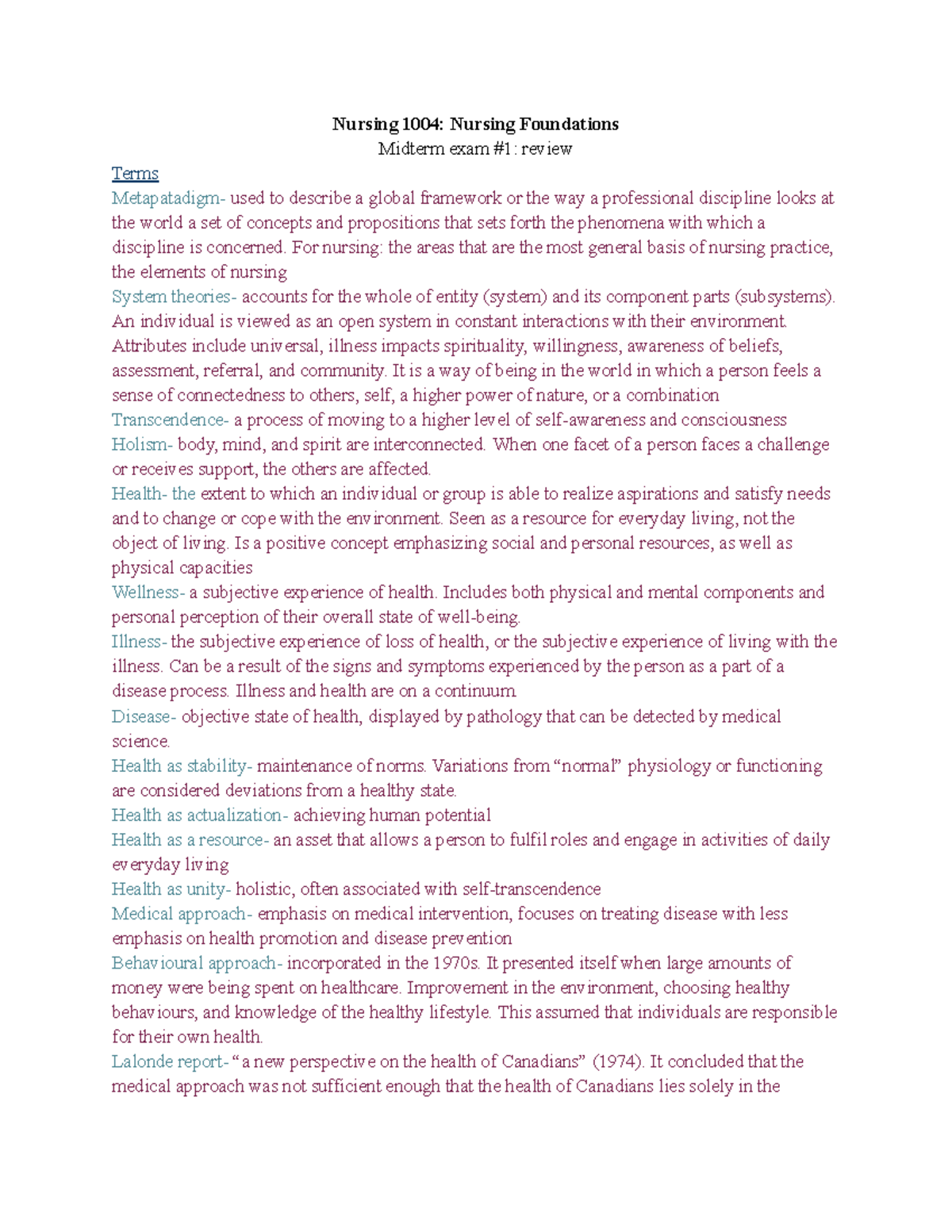 NURS 1004 midterm review - Nursing 1004: Nursing Foundations Midterm ...