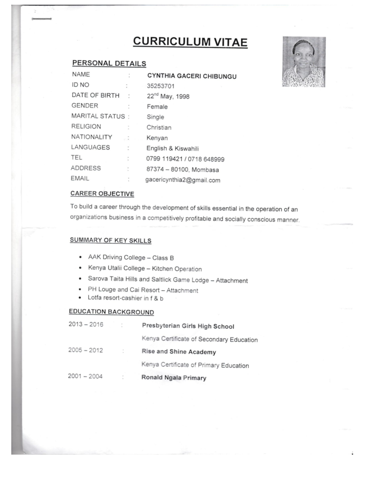 Cynthia CV - Assist with pdf - CURRICULUM VITAE PERSONAL DETAILS NAME ...