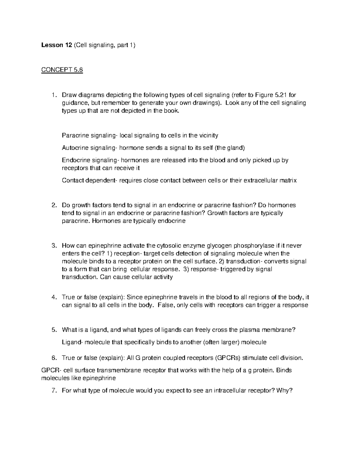 Lesson 12 GRQs - Before Class Homework - Lesson 12 (Cell signaling ...
