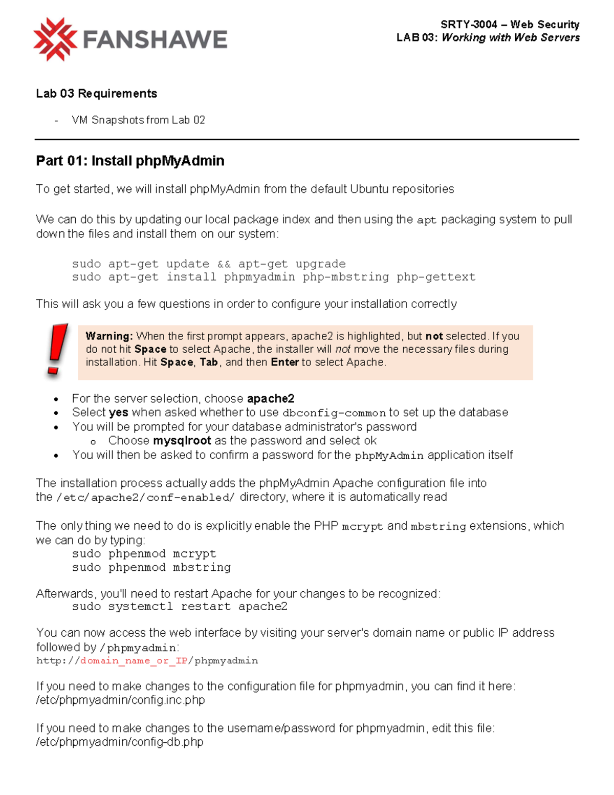 Lab 3 - Working With Web Servers - LAB 03: Working with Web Servers Lab 03 Requirements - VM ...