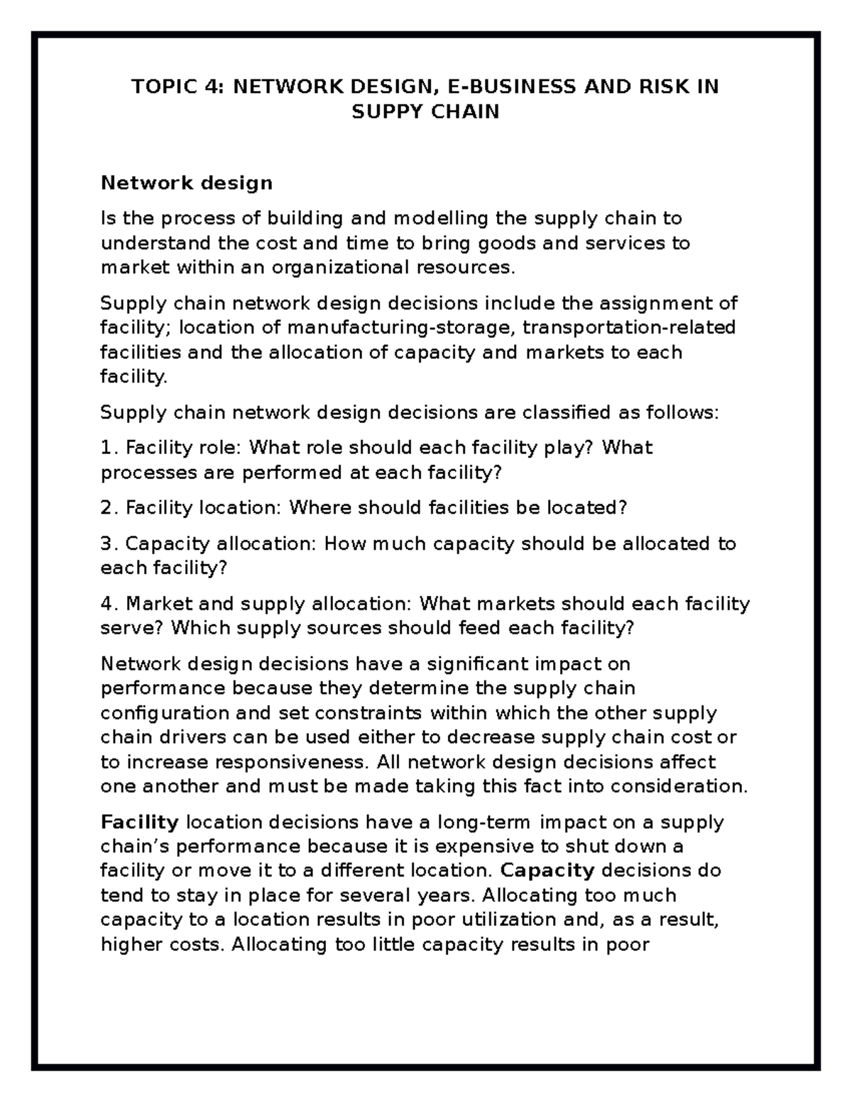 Network - notes - TOPIC 4: NETWORK DESIGN, E-BUSINESS AND RISK IN SUPPY ...
