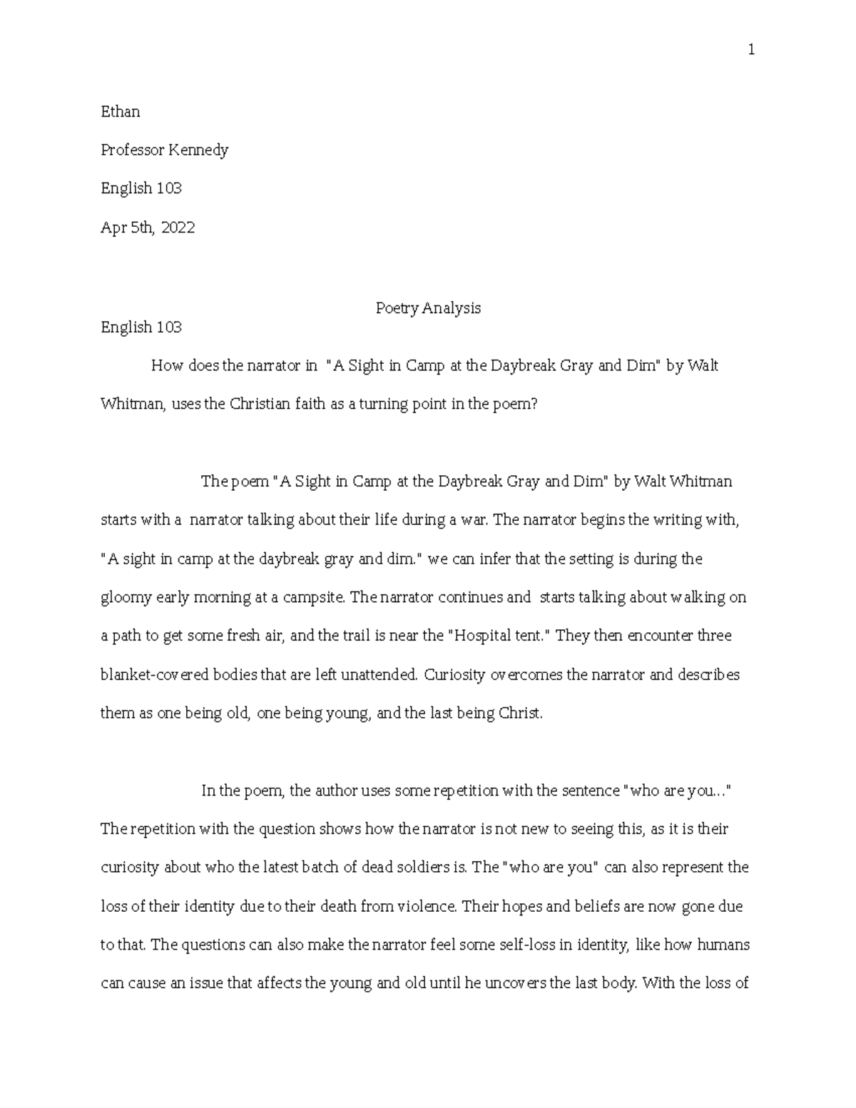 Poetry Analysis Assignment ENG 103 - 1 Ethan Professor Kennedy English ...